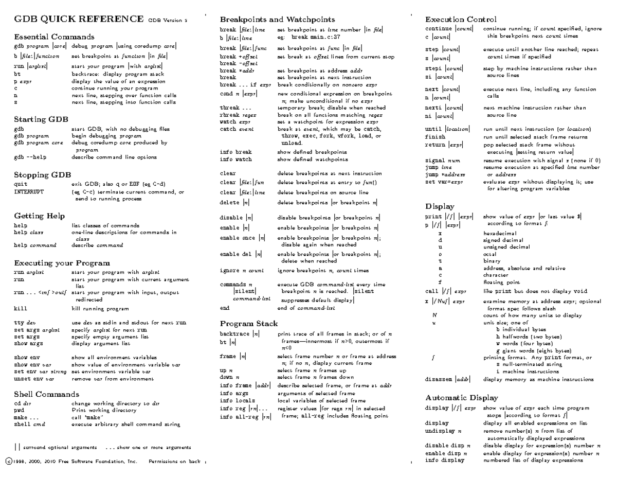 Refcard - instrukcje - GDB QUICK REFERENCE GDB Version 5 Essential Commands gdb program [core ...