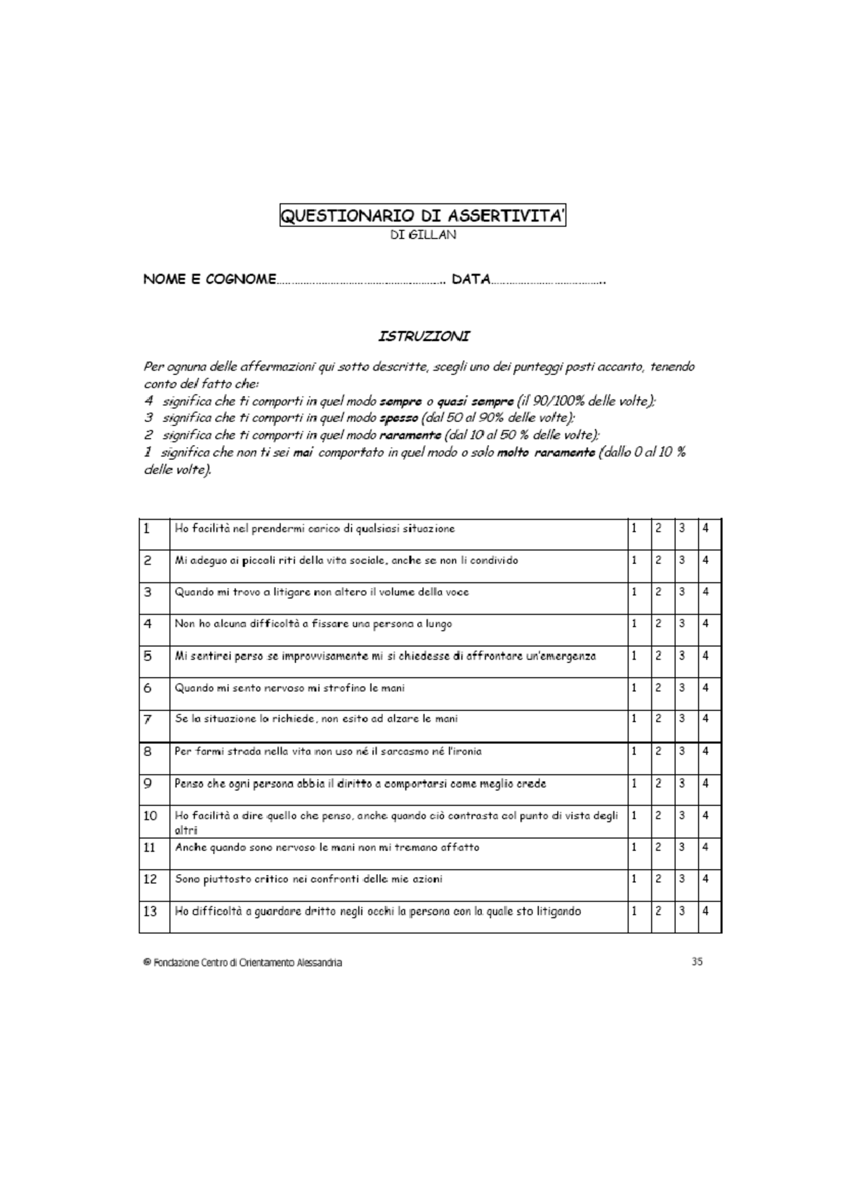 Questionario di Assertività - Gillan (Corso di Psicologia) - Studocu