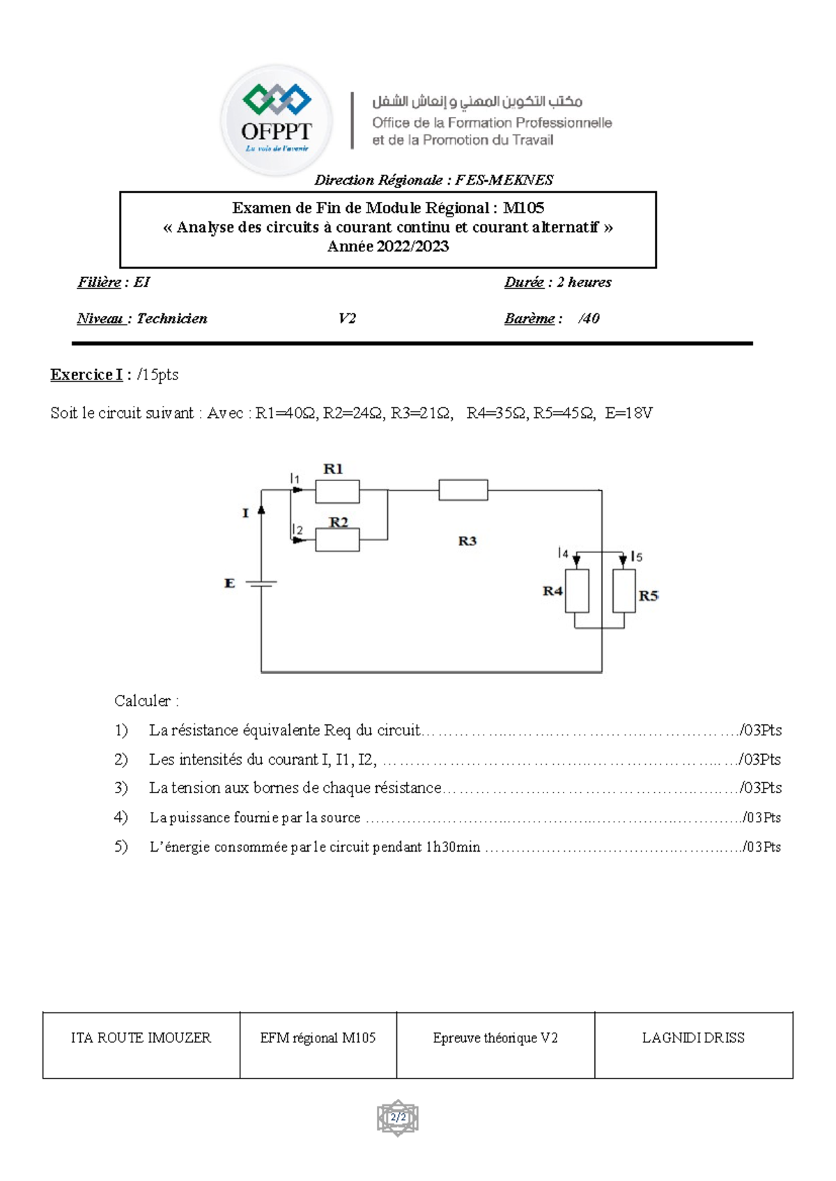 623537912 EFM Examen de Fin de Module: Circuits CC et CA 2022-2023 - Studocu