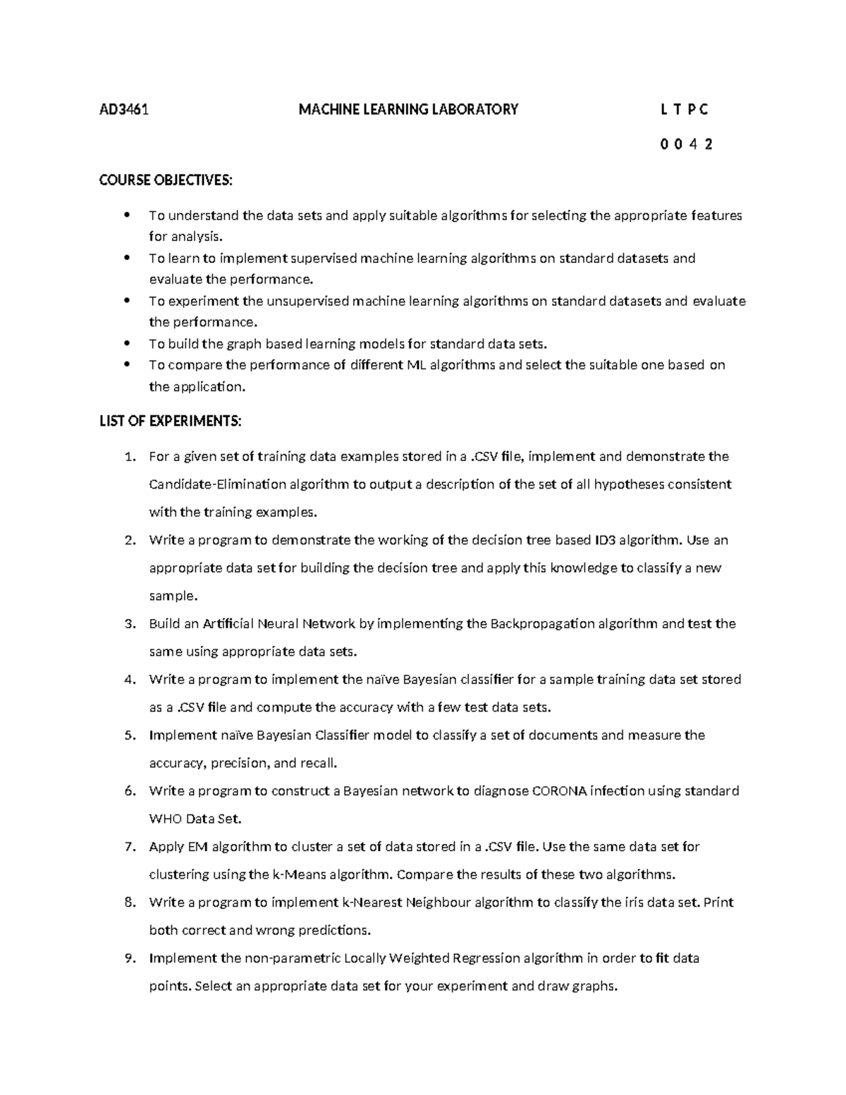 AD3461 ML Laboratory Syllabus - Hands-on Experiment Details - Studocu