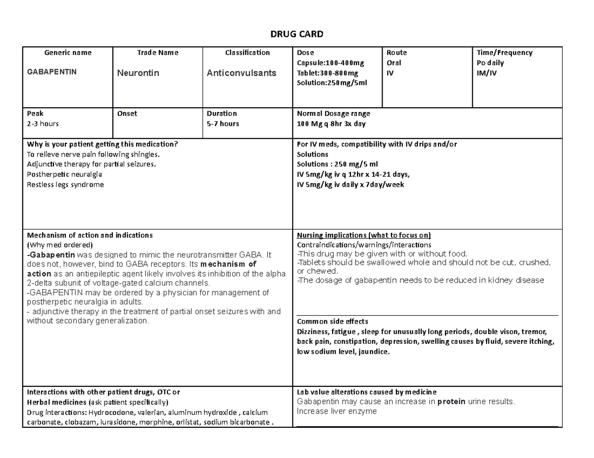 Gabapentin Drug Card: Overview, Dosage, and Nursing Implications - Studocu