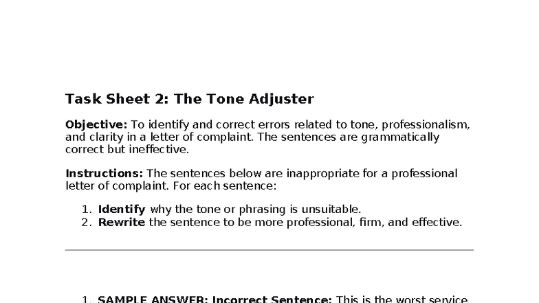 EWC662 Task Sheet 2: Tone Adjuster for Professional Letters - Studocu