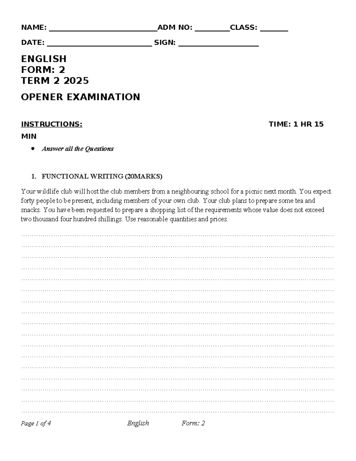 2025 English Form 2 Term 2 Exam Questions and Instructions - Studocu