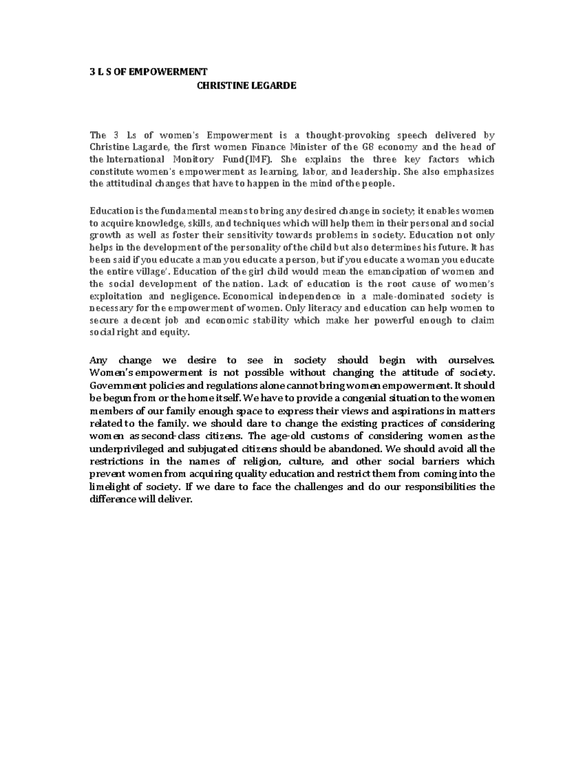 3 LS OF Empowerment - 3 L S OF EMPOWERMENT CHRISTINE LEGARDE The 3 Ls ...