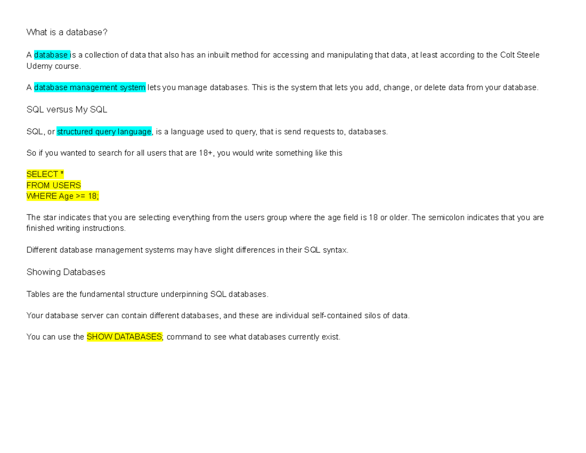 SQL Boot Camp Notes Modules 1 - 3 - What is a database? A database is a ...
