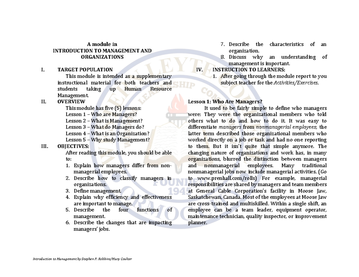 Module 1 - Introduction to Management and Organizations - A module in ...