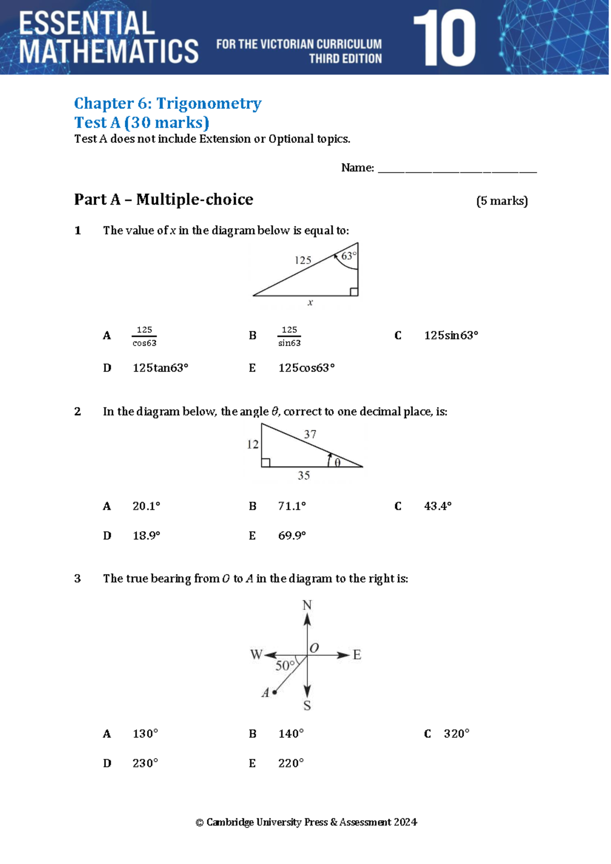 Year 10 Essential Mathematics: Trigonometry Practice Test A - Studocu