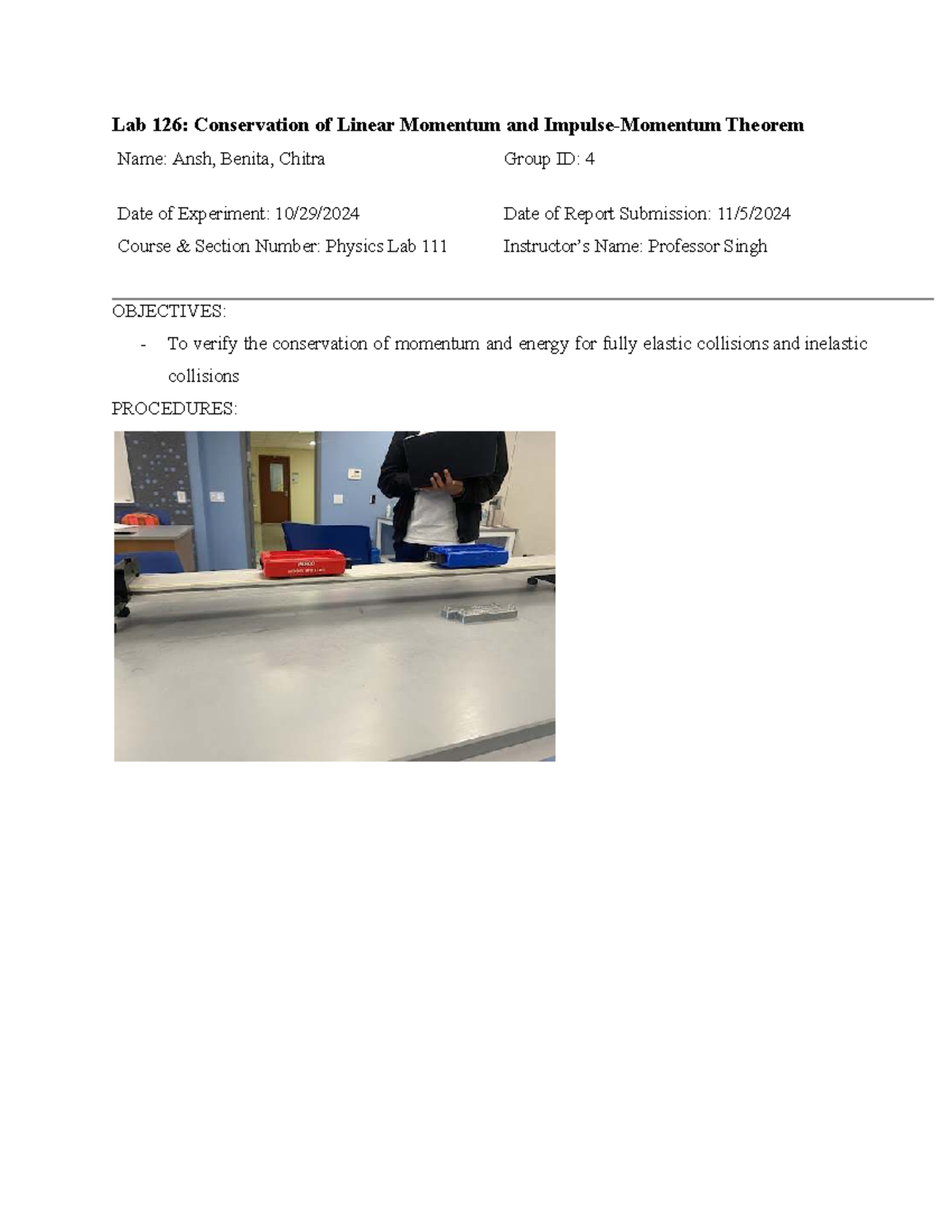 Lab 126: Lab Report 8 on Conservation of Linear Momentum Analysis - Studocu