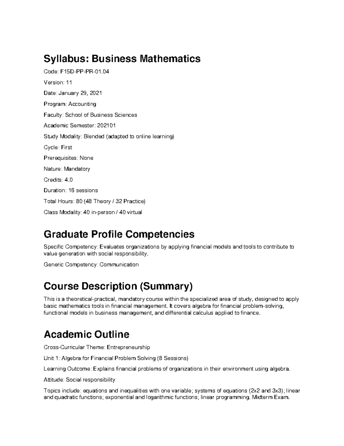 Syllabus: Business Mathematics (Code: 202101) - Accounting Program ...