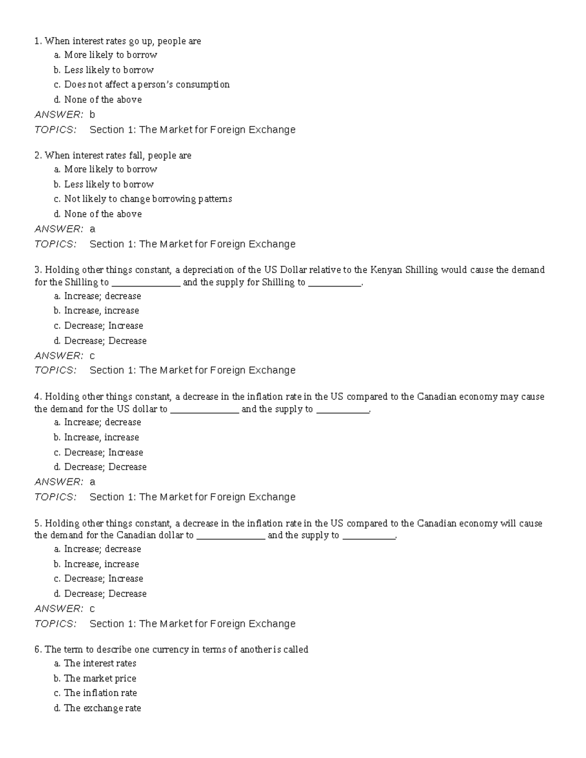 Economic Concepts Quiz: Market for Foreign Exchange (ECO-101) - Studocu