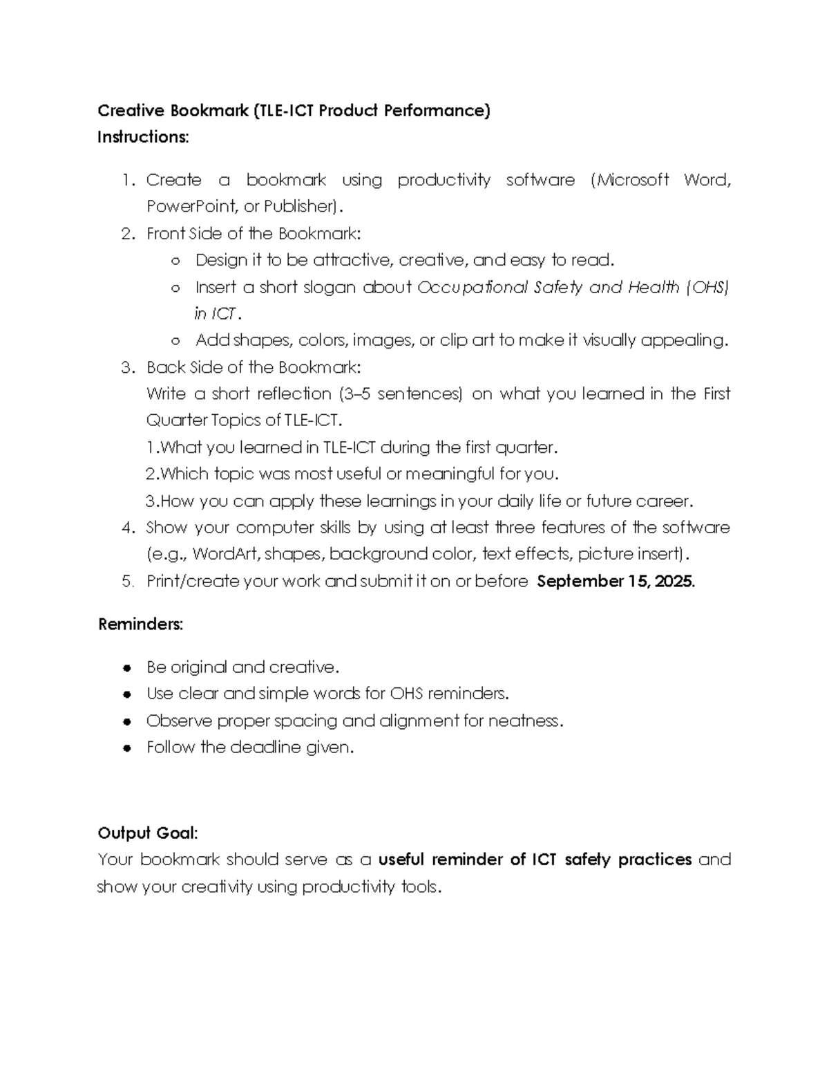 Creative Bookmark Instructions for TLE-ICT Product Task - Studocu