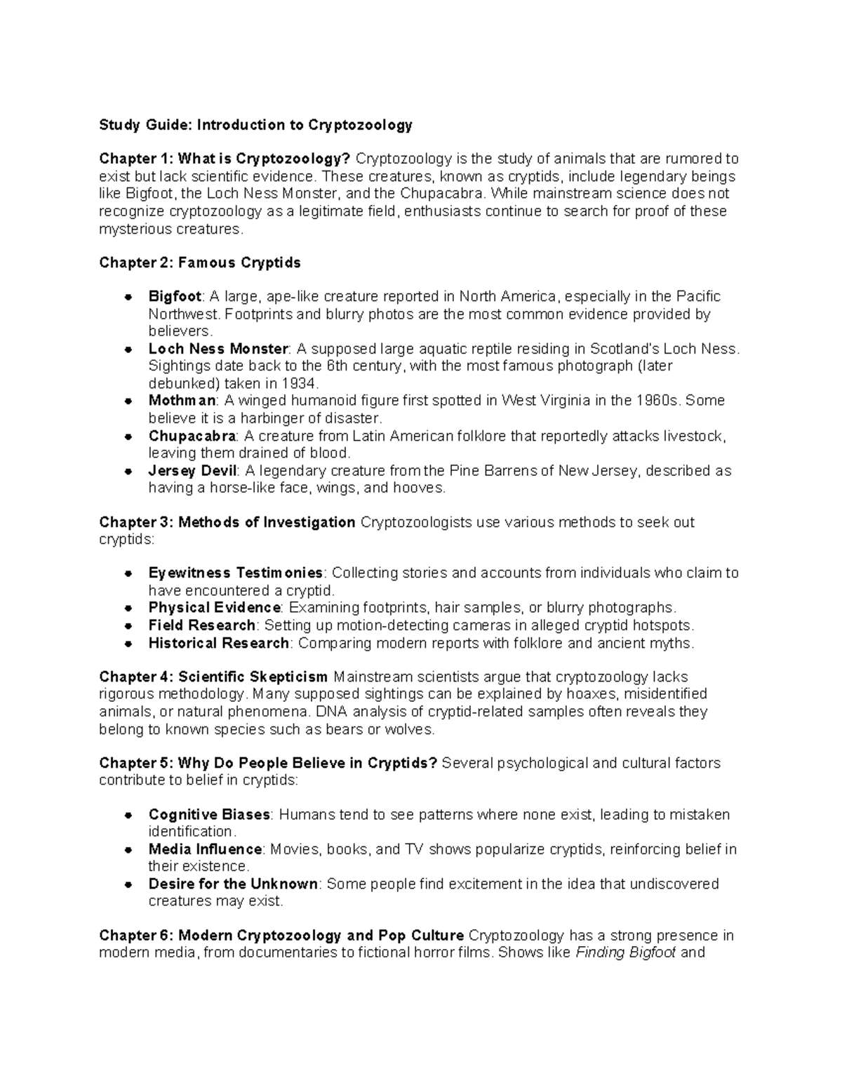 Study Guide: Intro to Cryptozoology and Famous Cryptids - Studocu