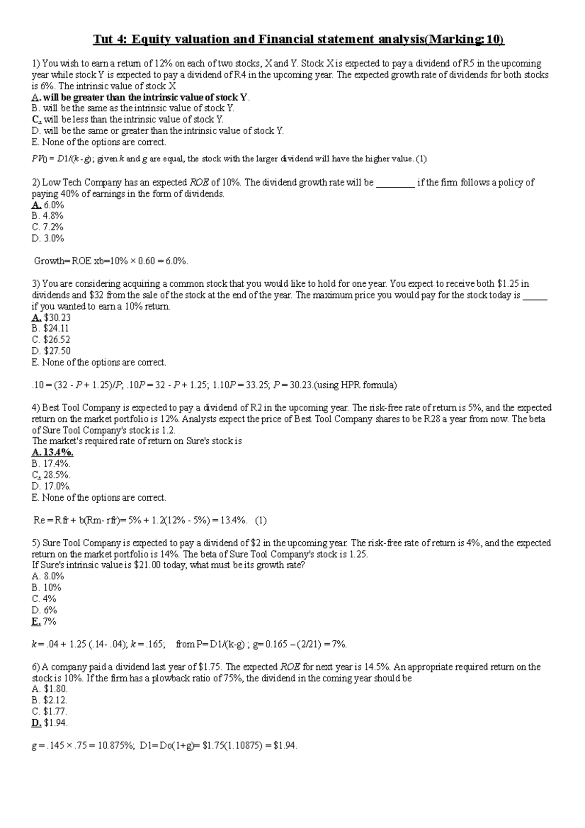 Tut 4: Solutions for Equity Valuation & Financial Statement Analysis ...