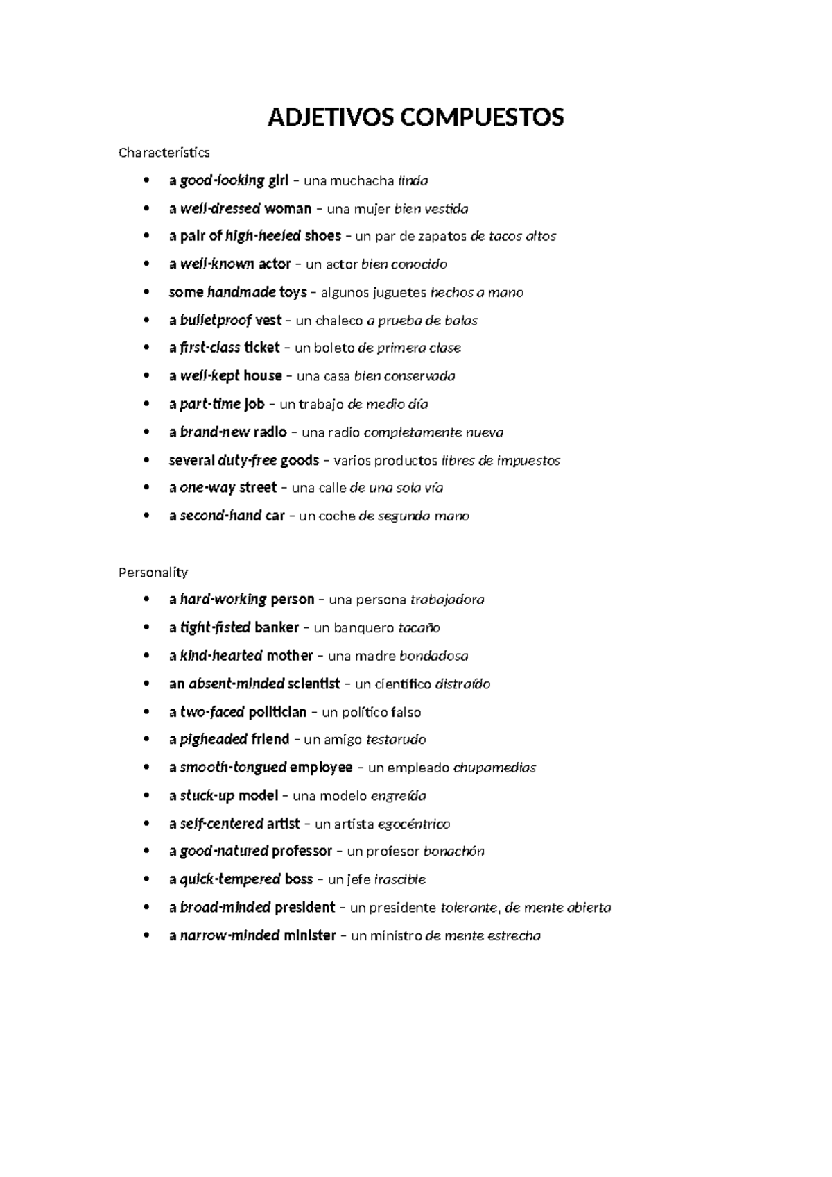 Adjetivos Compuestos: Ejemplos y Uso en Inglés - Studocu