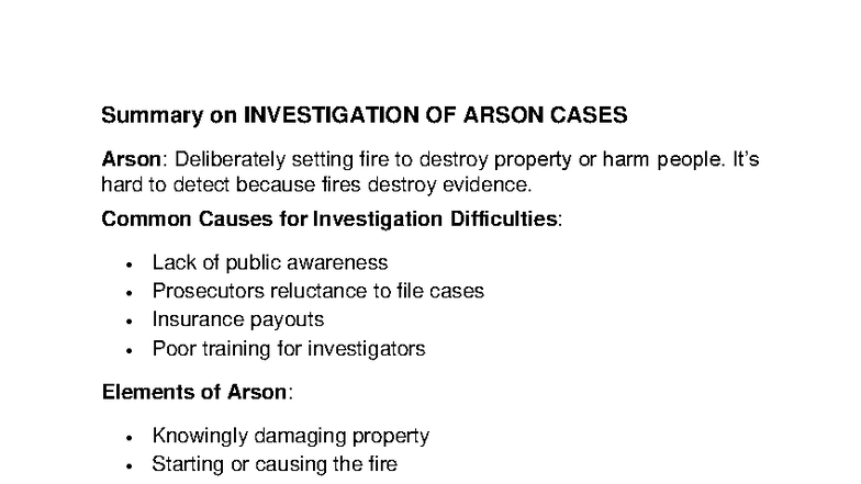 INVESTIGATION OF ARSON CASES: Summary and Key Insights - Studocu