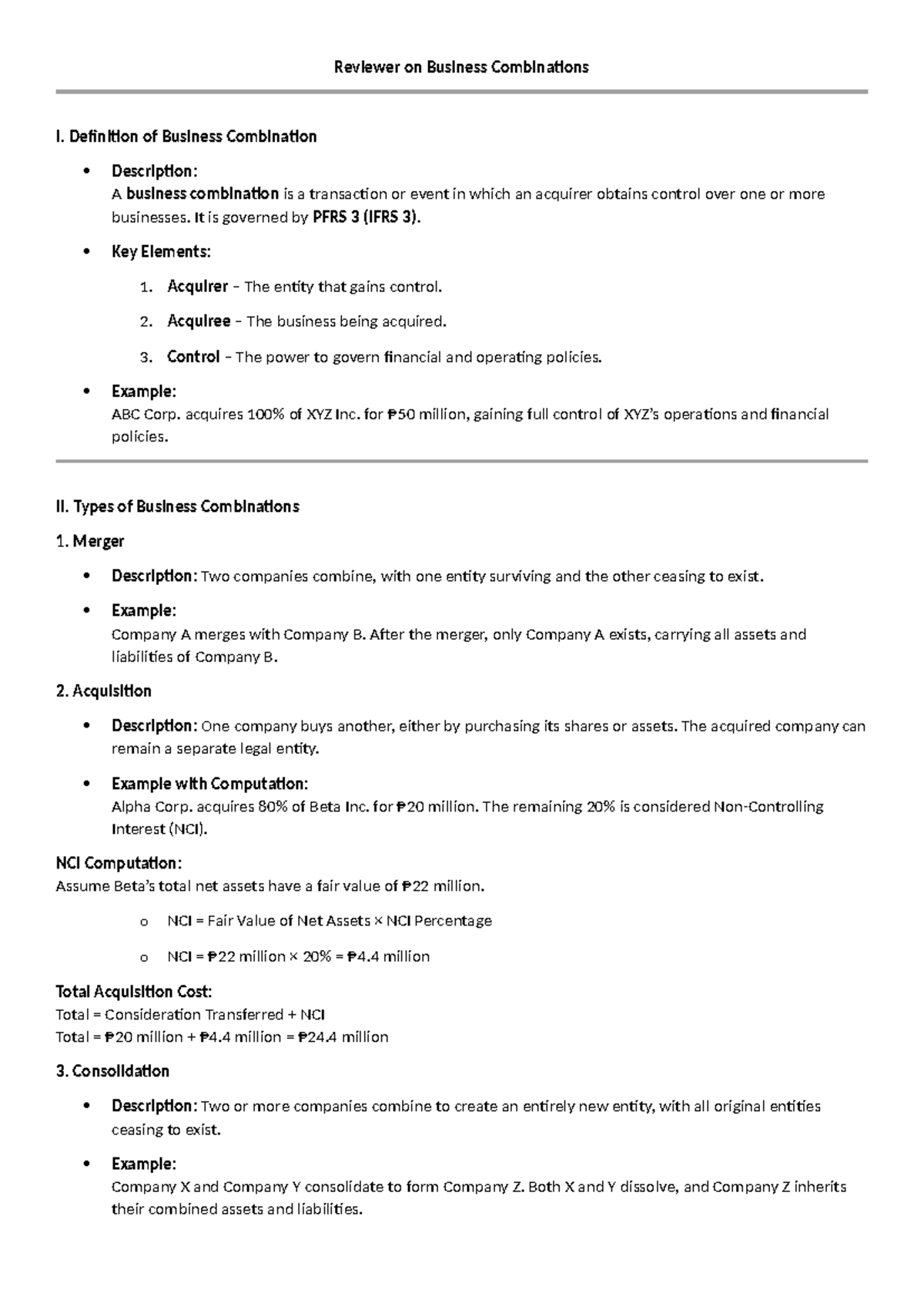 Reviewer on Business Combinations - Definition of Business Combination ...