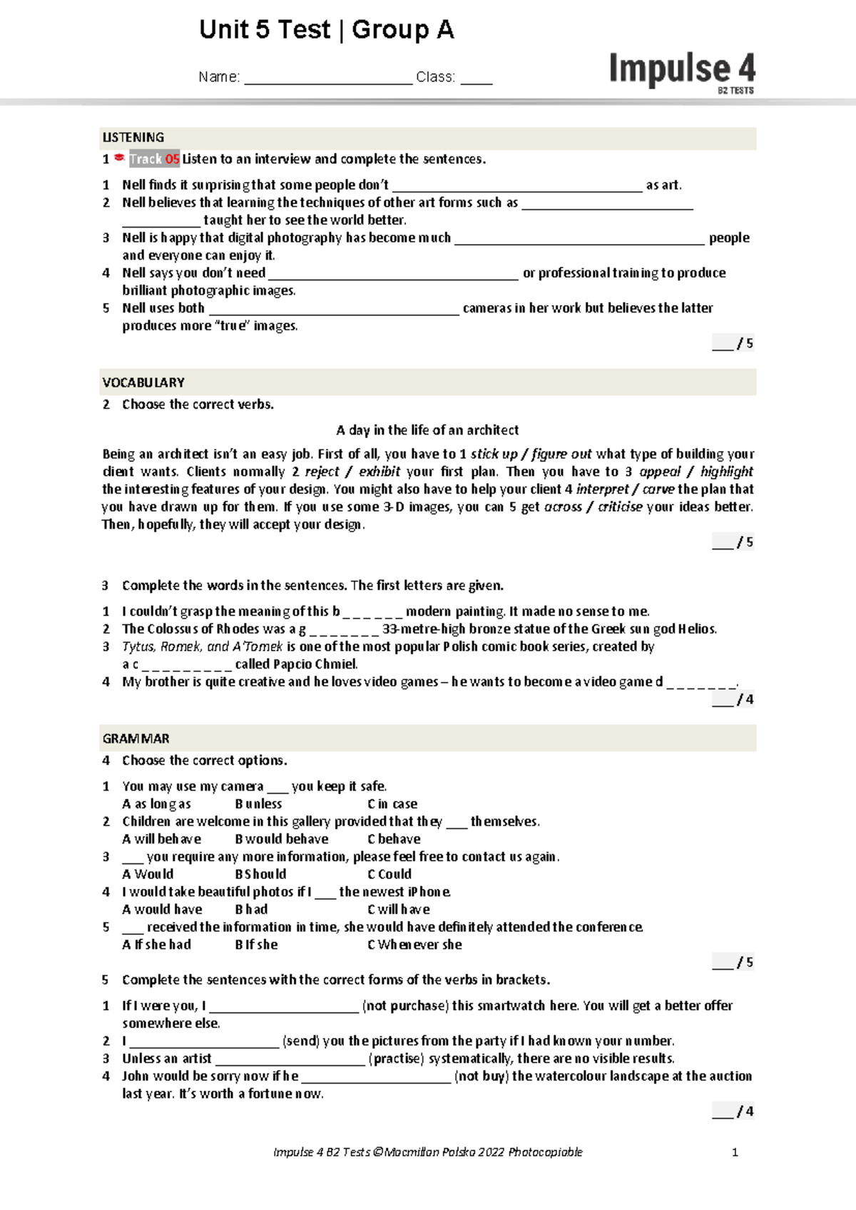 Unit 5 Test A - Listening & Use of English Impulse 4 - Studocu