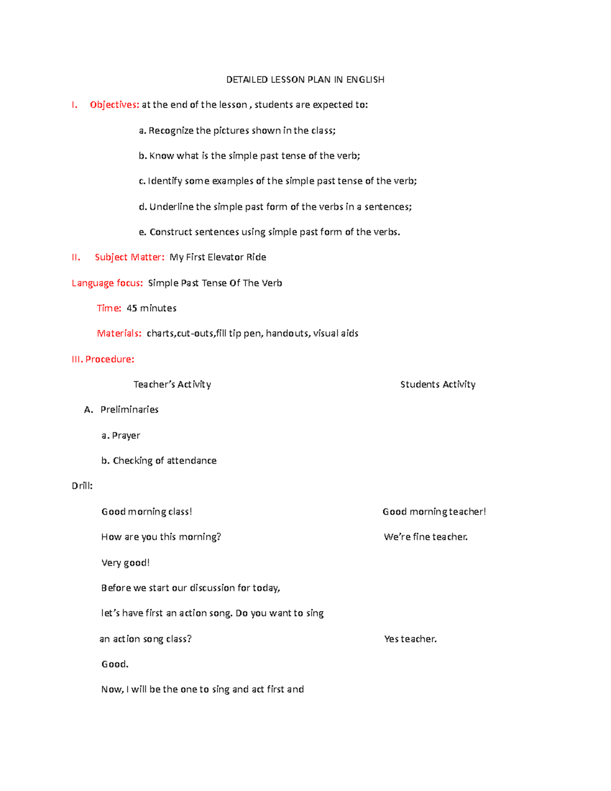 Detailed Lesson Plan: Simple Past Tense in English Class 10 - Studocu