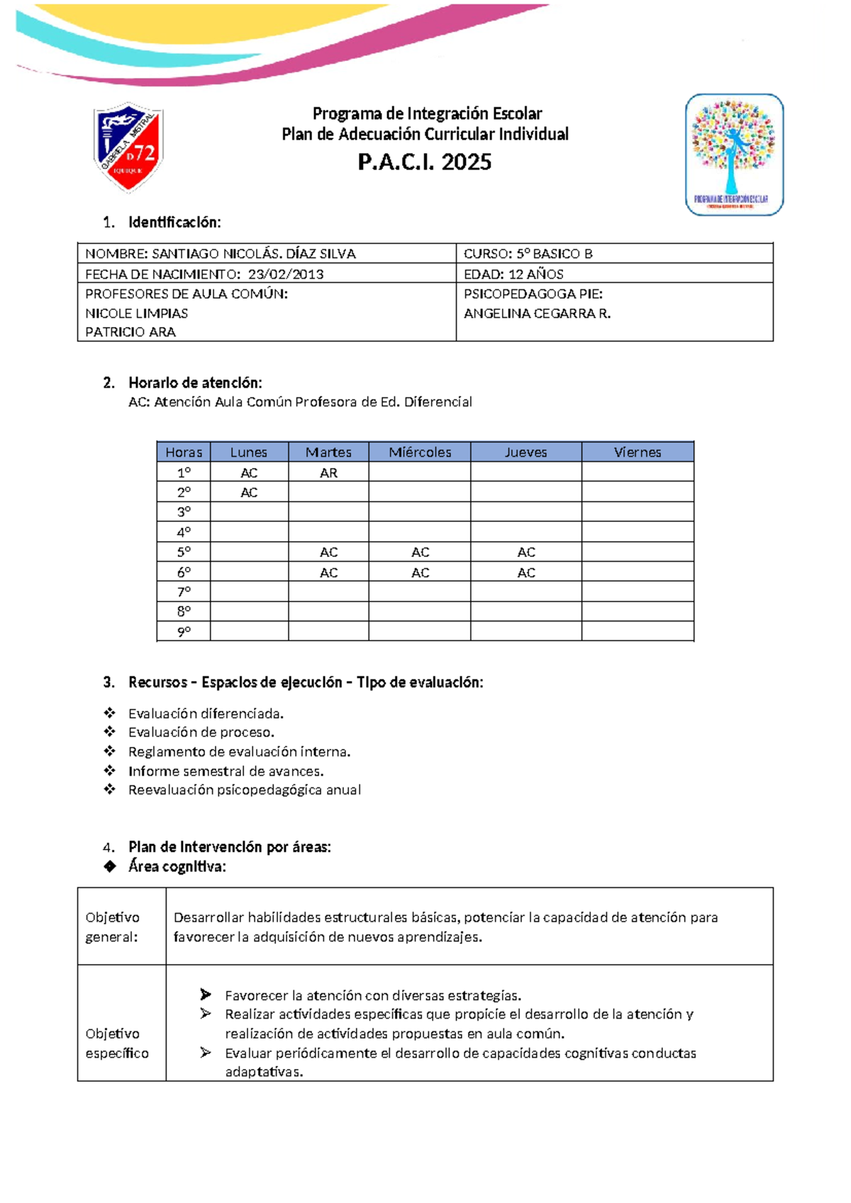 PACI 2025: Plan de Adecuación Curricular Individual para Santiago Díaz ...