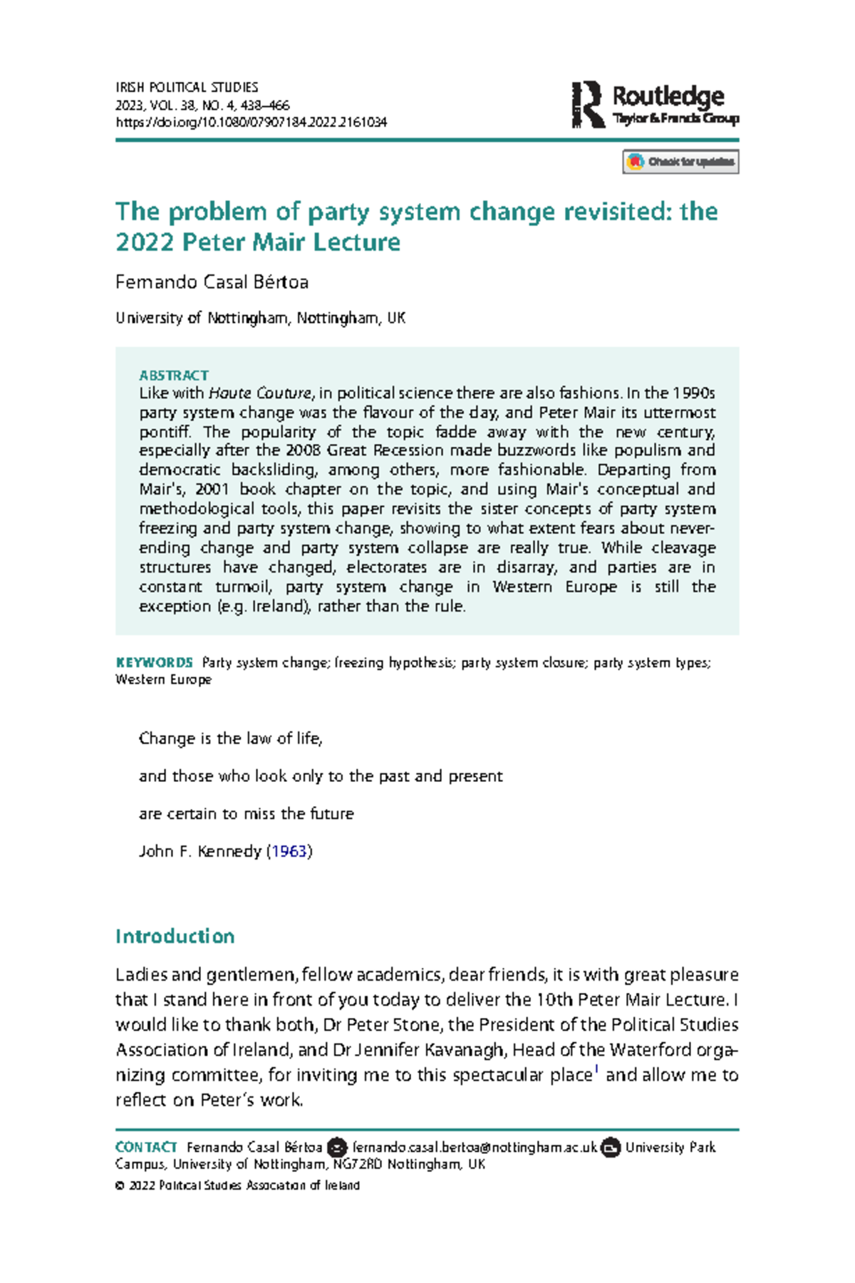IRISH POLITICAL STUDIES 2023, VOL. 38, NO. 4: Revisiting Party System ...