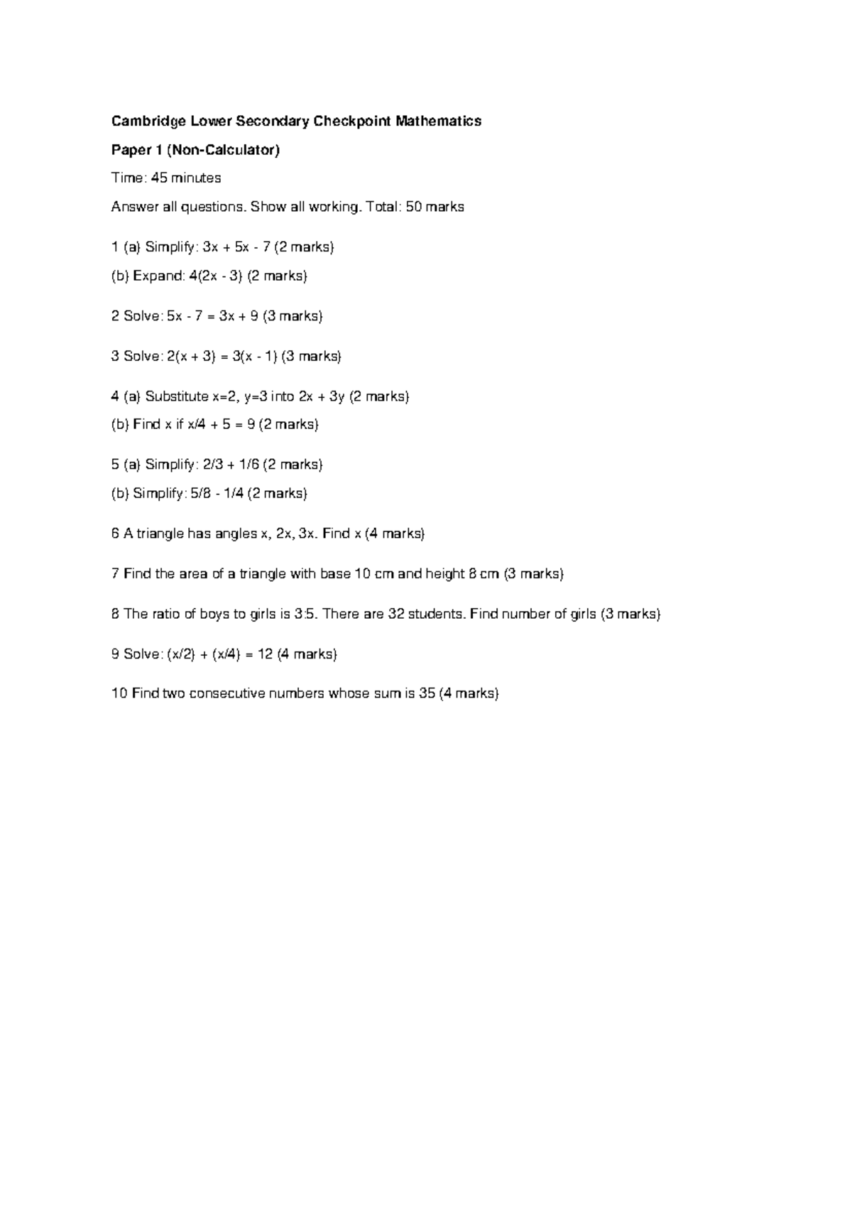Checkpoint Cambridge Lower Secondary Math Paper 1 - 45 min - Studocu