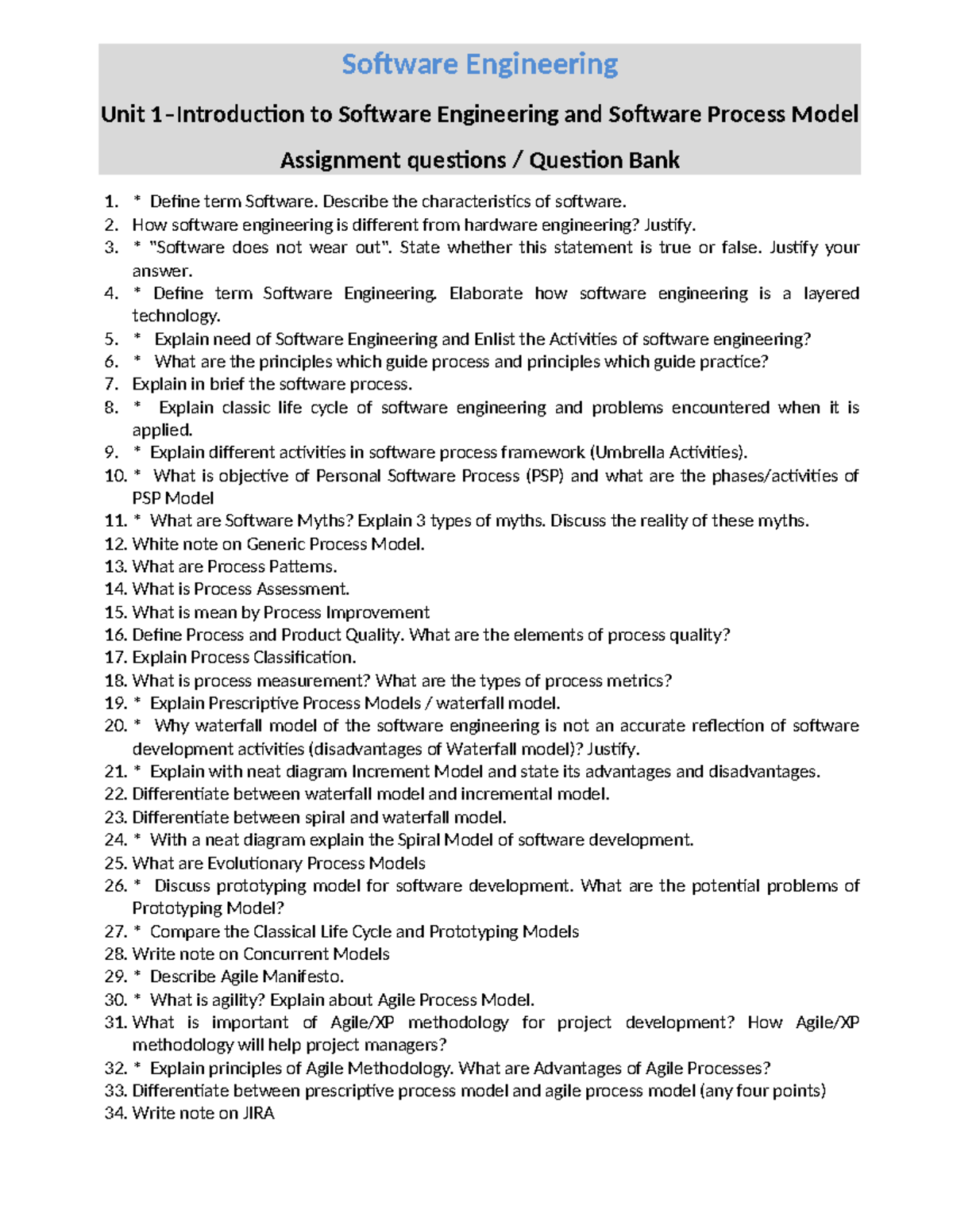 Software Engineering (SE) Unit 1 Assignment Question Bank - Studocu