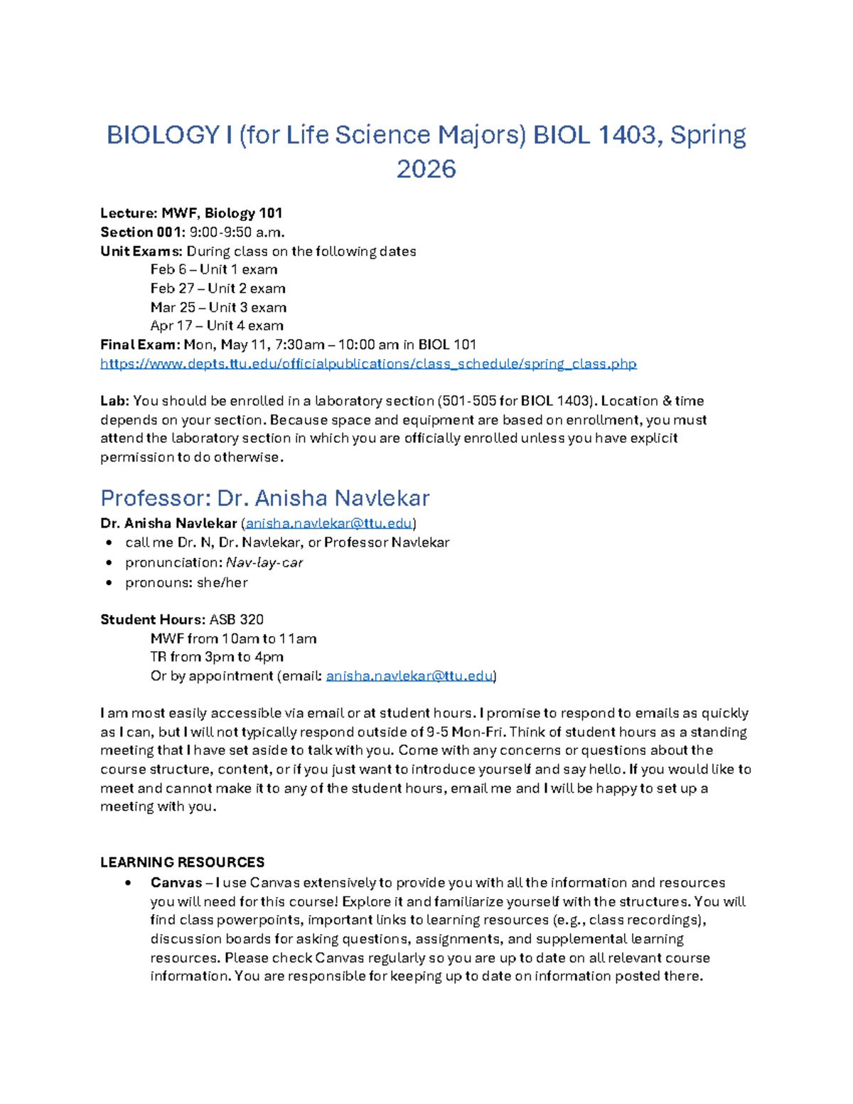 BIOL 1403: Spring 2026 Syllabus for Life Science Majors - Studocu
