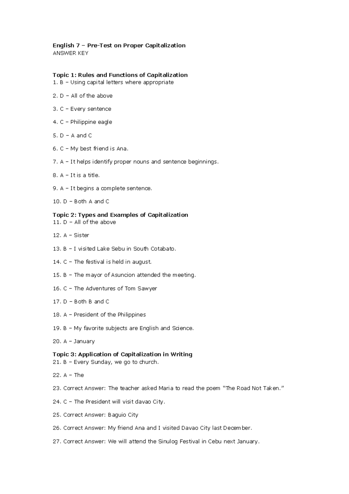 English 7 Pre-Test Capitalization ANSWER KEY - Studocu
