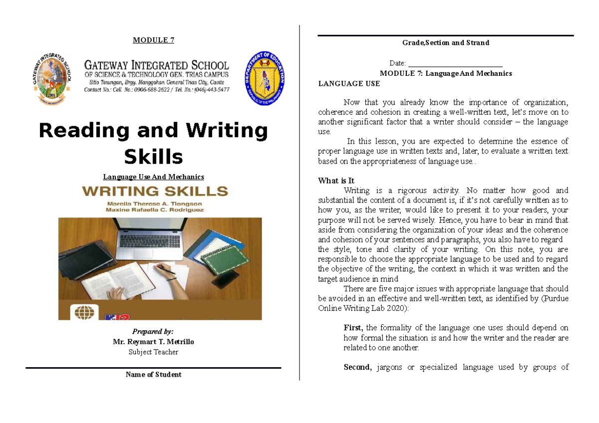 Reading and Writing Skills Module 7: Language Use & Mechanics Guide ...