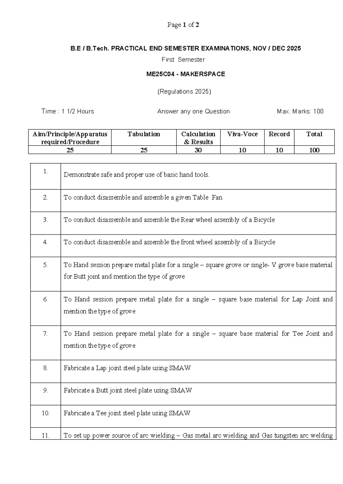 ME25C04 Practical End Semester Exam QP Set 2 - Nov Dec 2025 - Studocu
