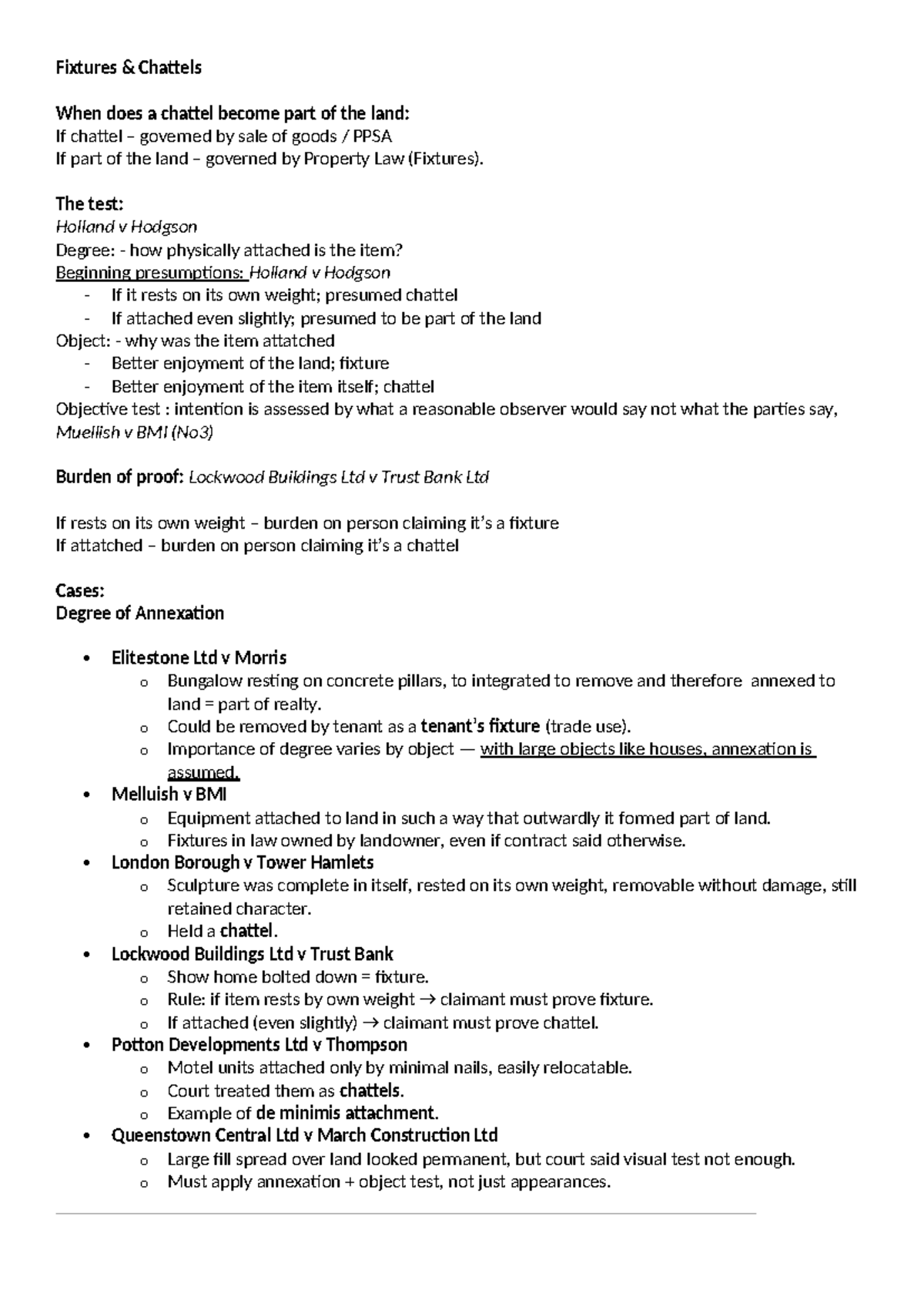 Fixtures and Chattels: Understanding Property Law and Case Tests - Studocu