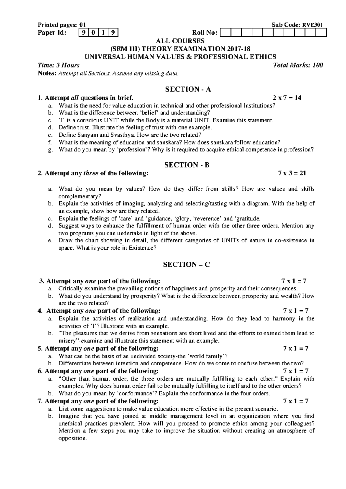 UHV RVE 2017 Previous Year Exam Question Papers - All Courses SEM III ...