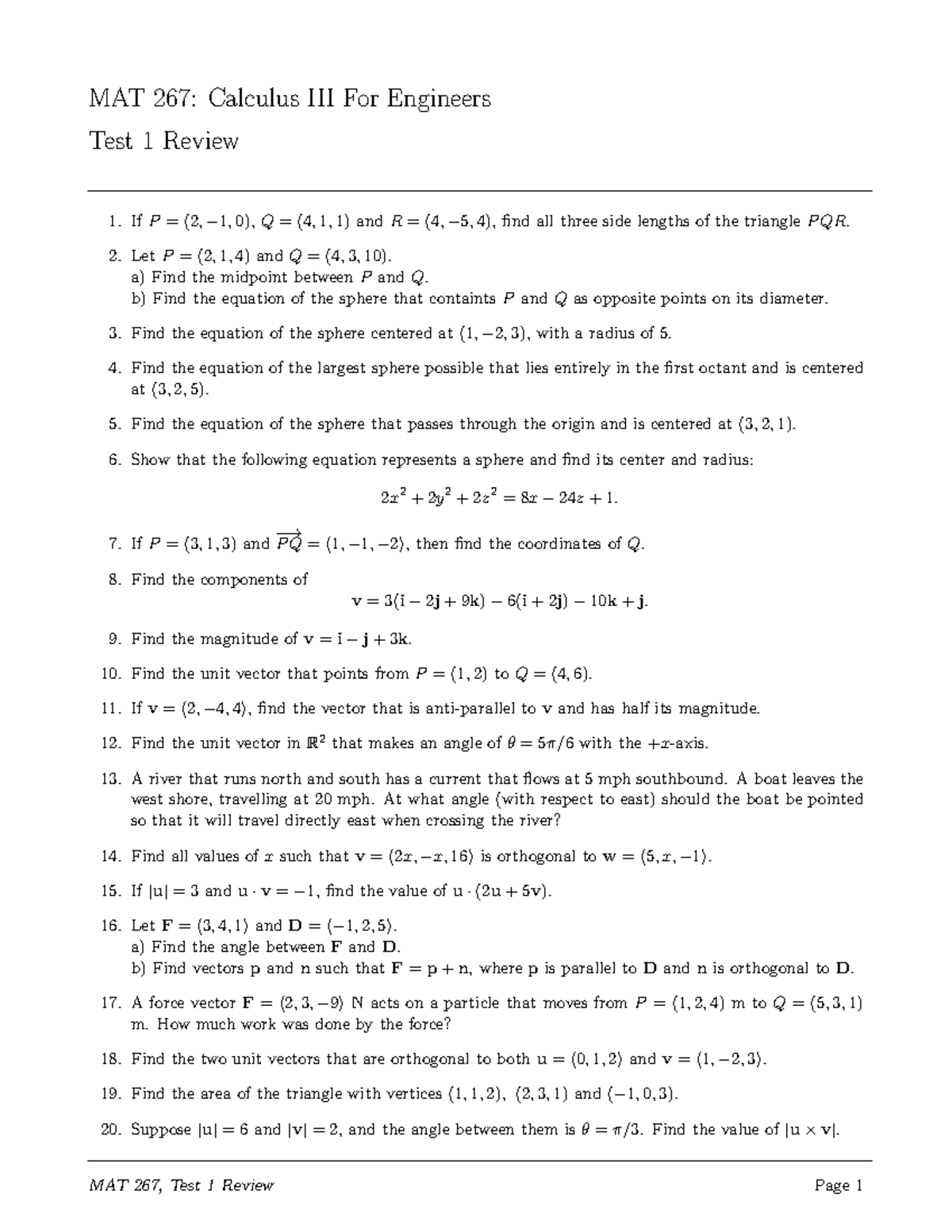 MAT 267: Calculus III Test 1 Review Notes - MAT 267: Calculus III For ...