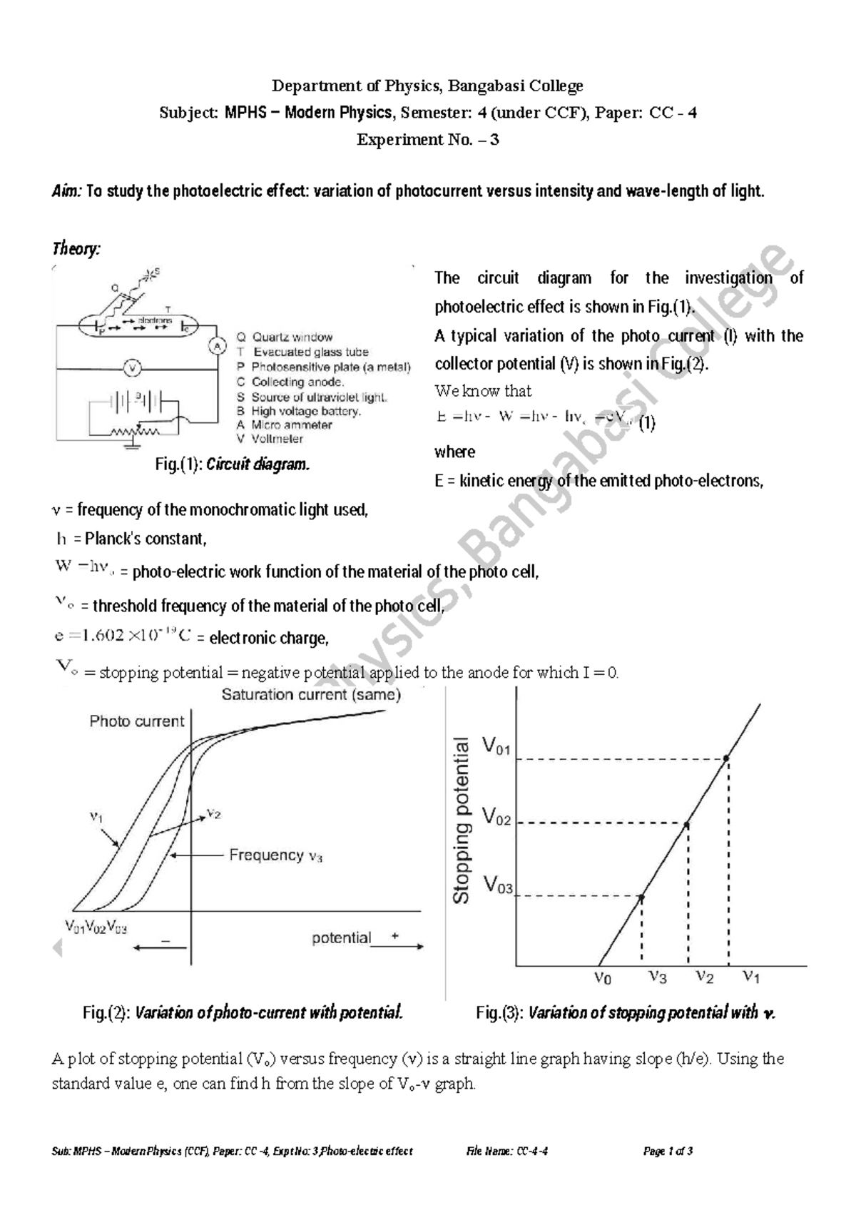 CC 4 Experiment 3: Photoelectric Effect Study in MPHS Modern Physics - Studocu