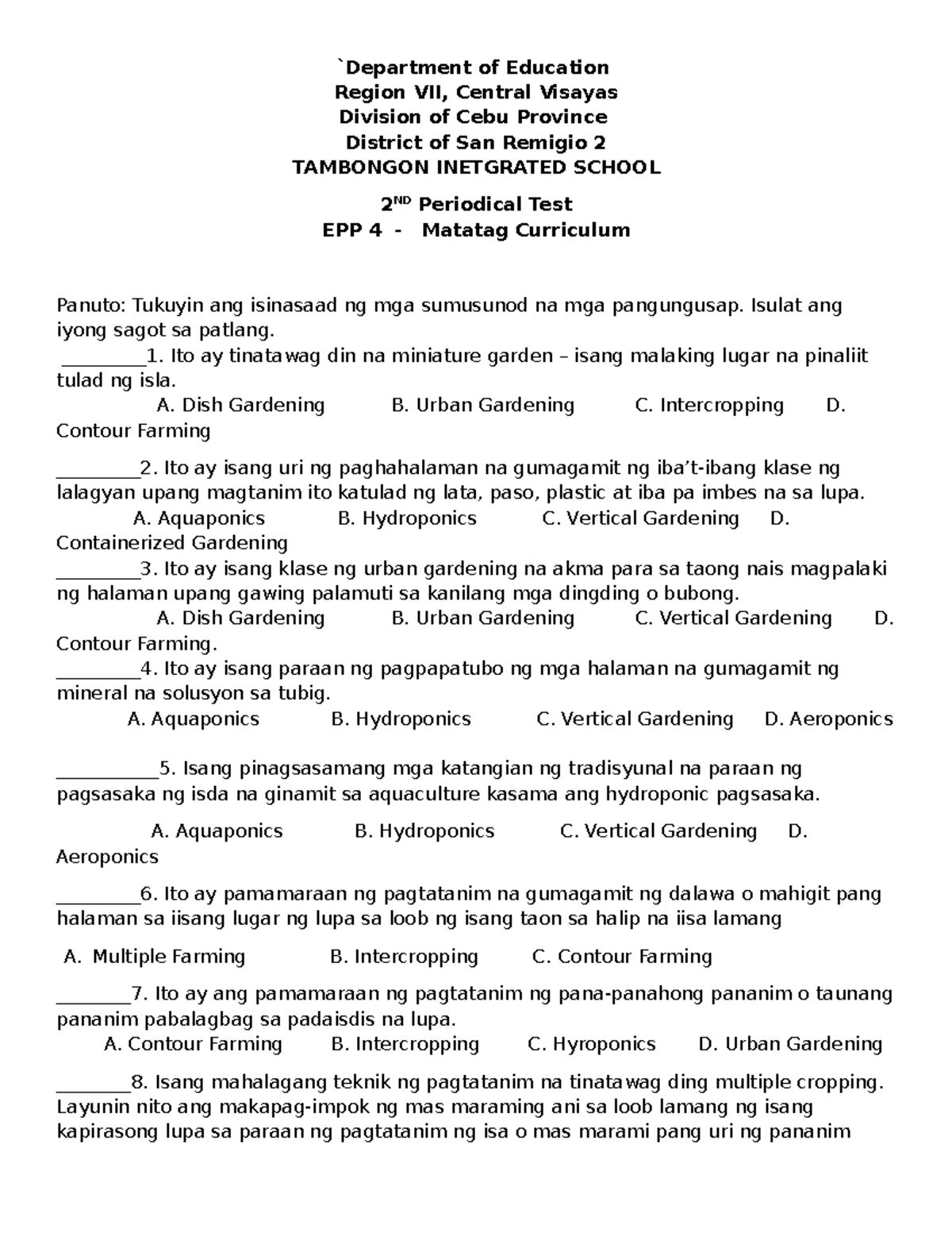 EPP 4 Matatag 2nd Periodical Test Review and Answer Key - Studocu