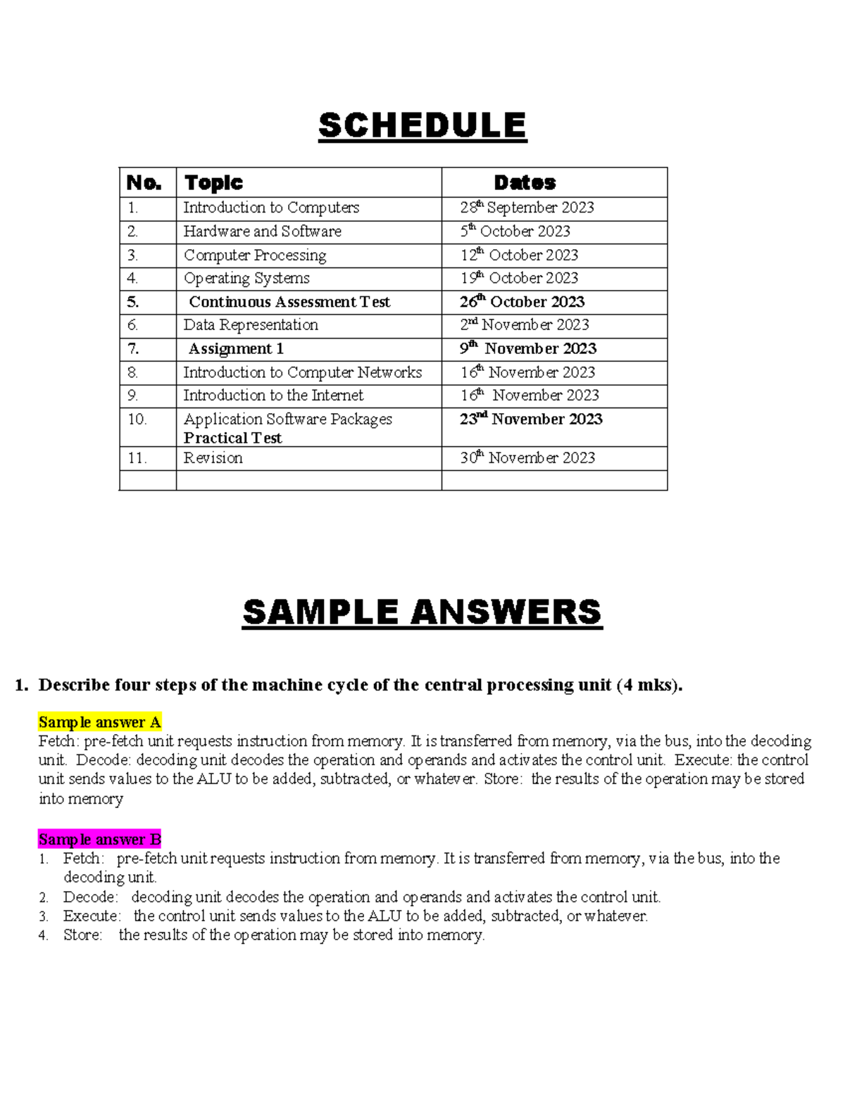 Schedule and Sample Answer T - SCHEDULE No. Topic Dates 1. Introduction ...