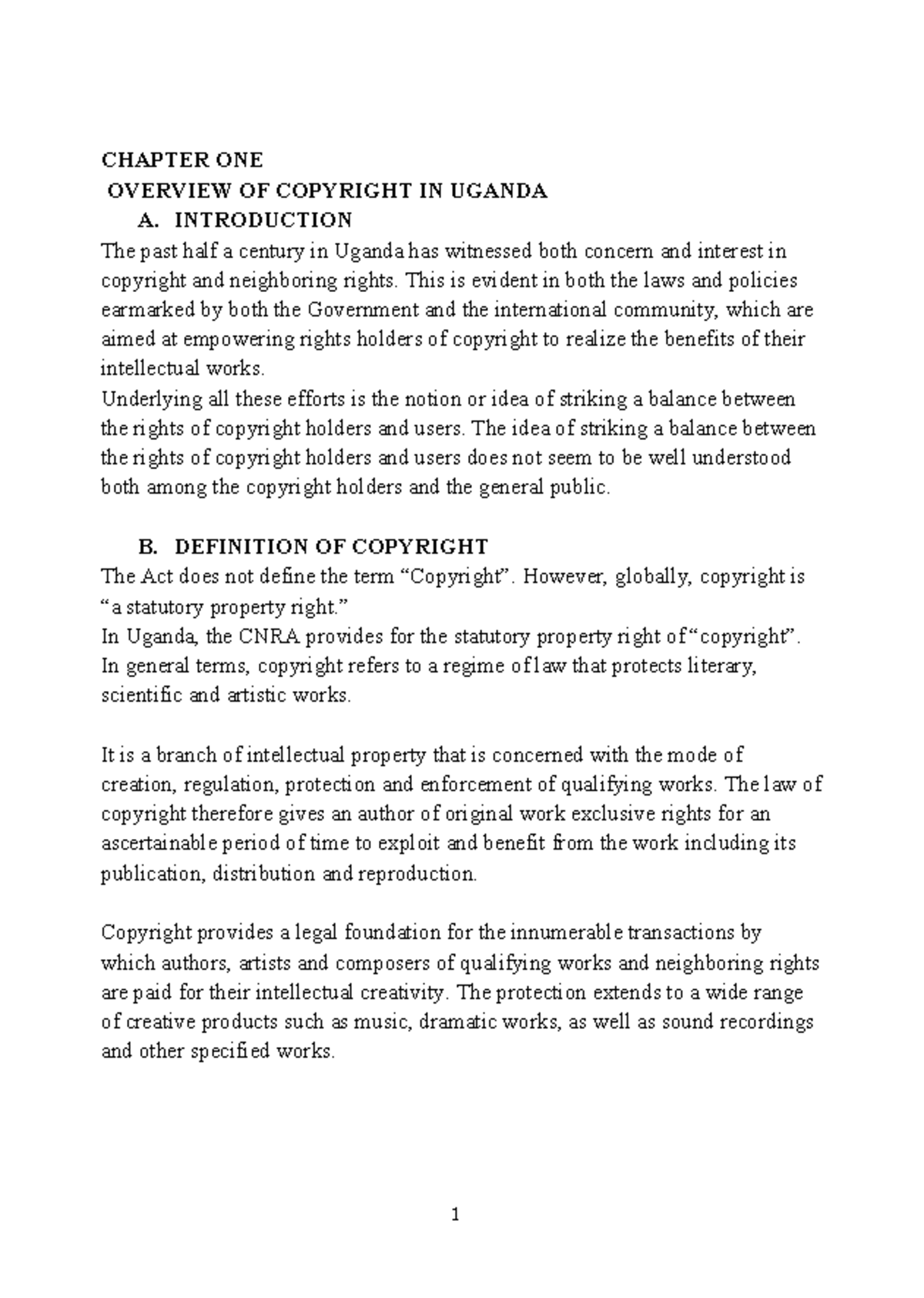 Chapter 1: Overview of Copyright Law in Uganda (CNRA) - Studocu