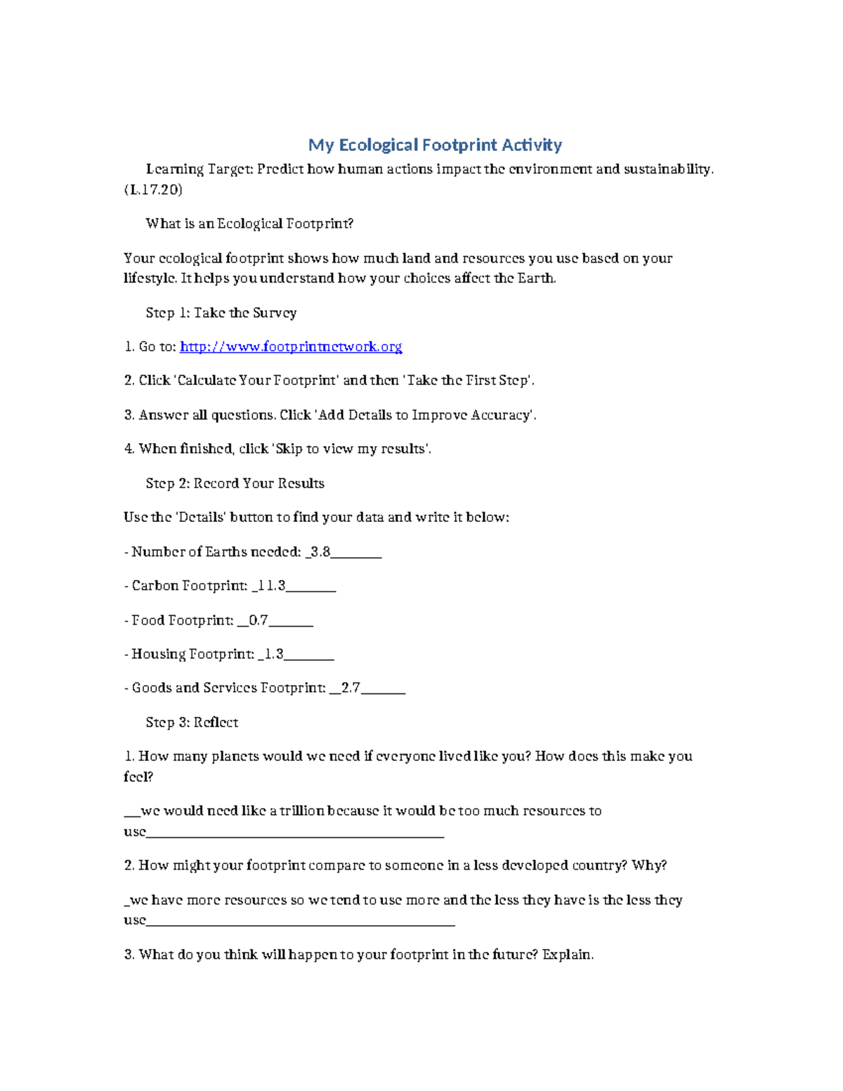 Ecological Footprint Activity: Understanding Human Impact (L.17.20 ...