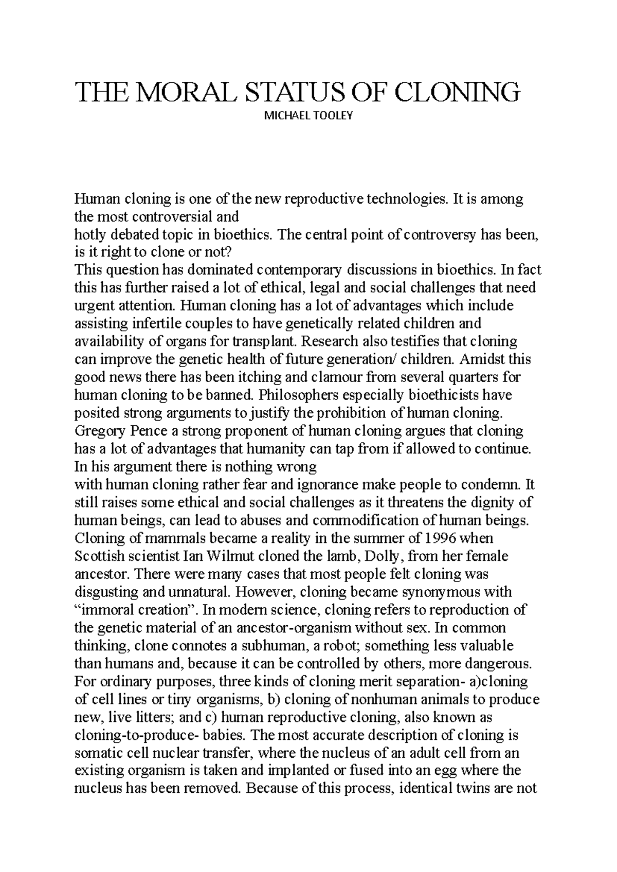 THE Moral Status OF Cloning - THE MORAL STATUS OF CLONING MICHAEL ...