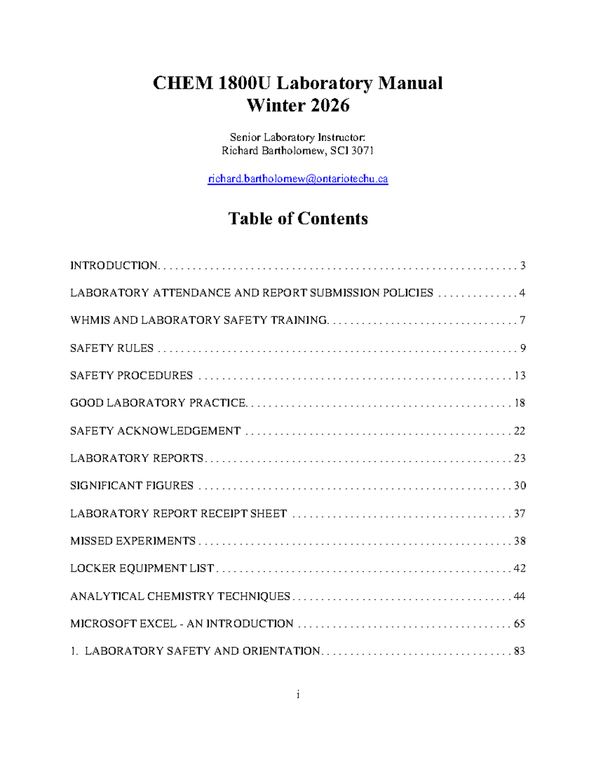 CHEM 1800U Laboratory Manual Winter 2026: Safety & Procedures Guide ...