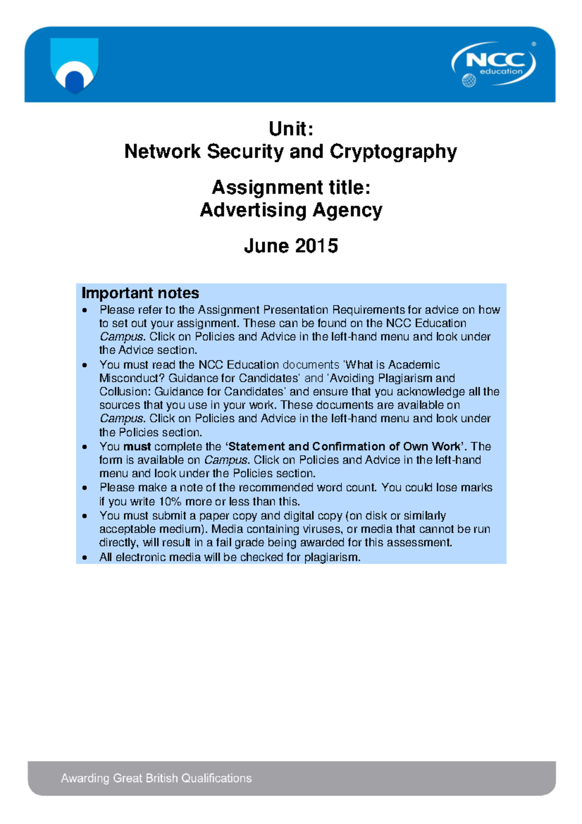 NSC June 2015 Assignment - Final - Unit: Network Security and Cryptography Assignment title ...