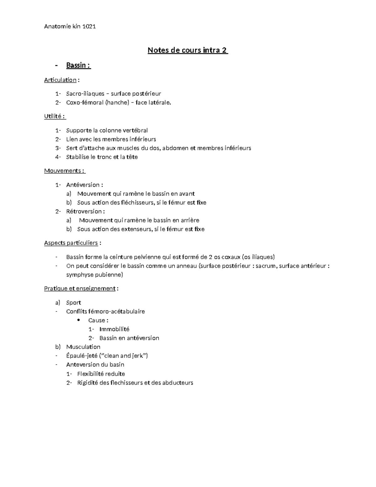 Notes de Cours : Intra 2 en Anatomie Kin 1021 - Bassin et Articulations ...
