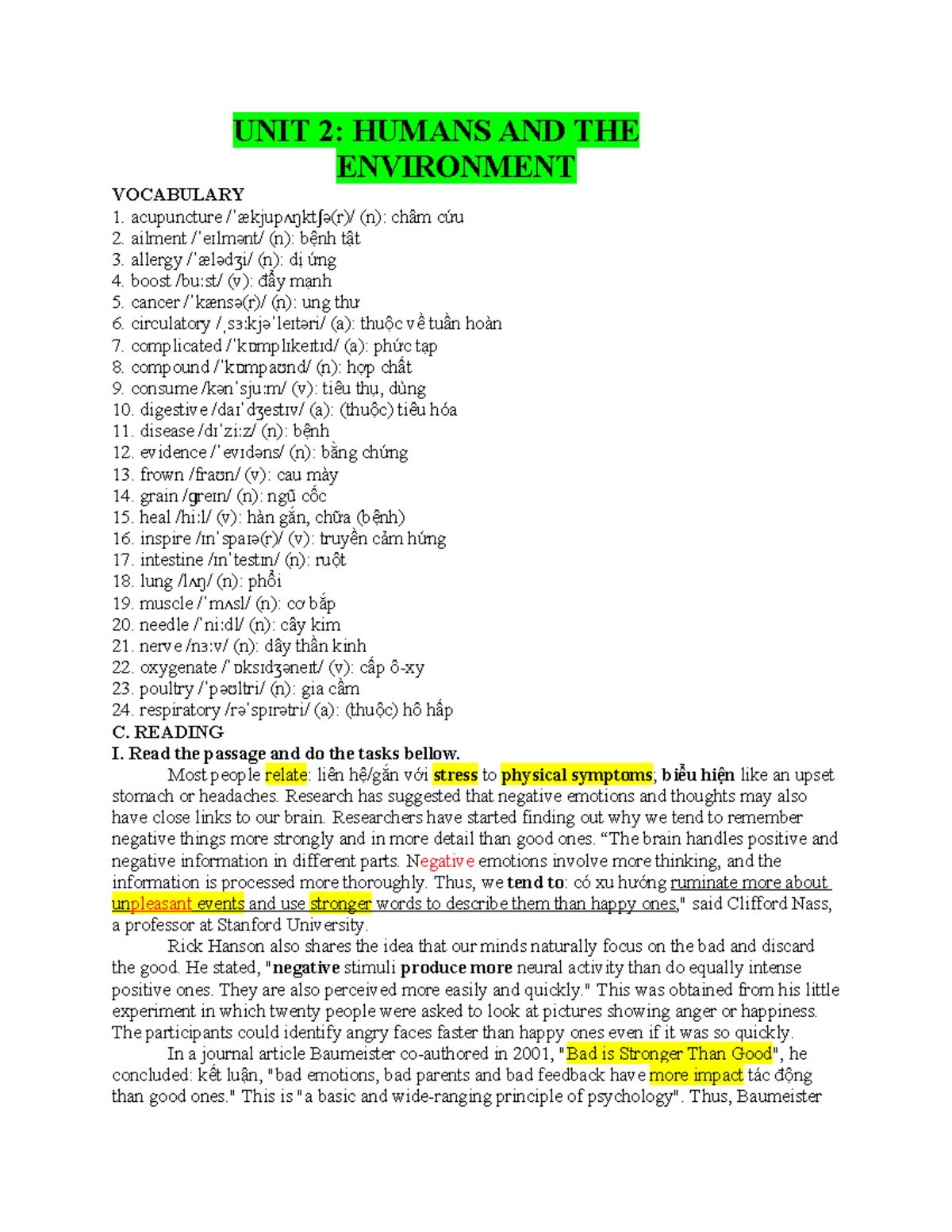 UNIT 2: HUMANS AND THE ENVIRONMENT VOCABULARY AND READING NOTES - Studocu