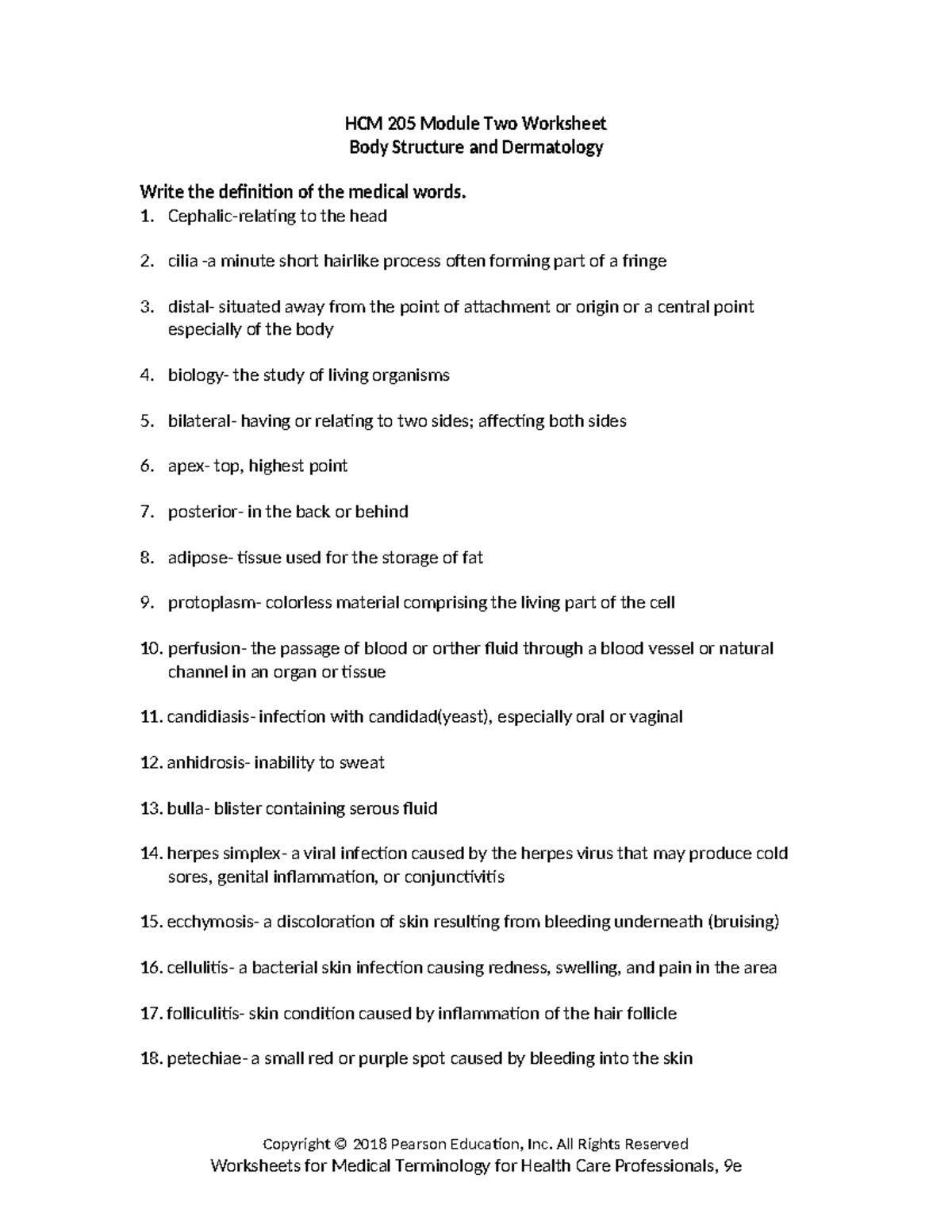 HCM 205 Medical Terminology Worksheet 2: Body Structure & Dermatology ...