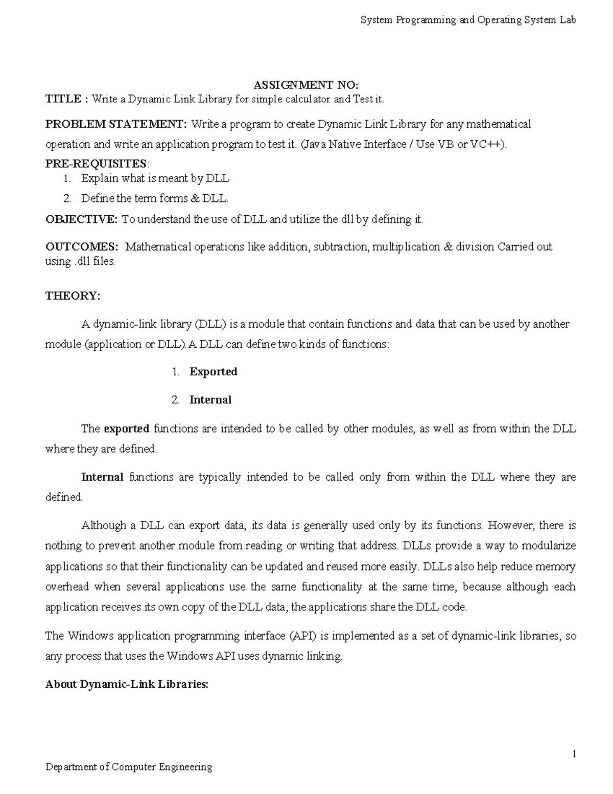 SPOS Lab Assignment: Creating a Dynamic Link Library for Calculator ...