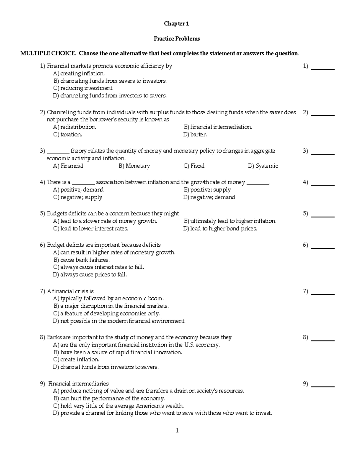 Chapter 1 - none - Chapter 1 Practice Problems MULTIPLE CHOICE. Choose ...