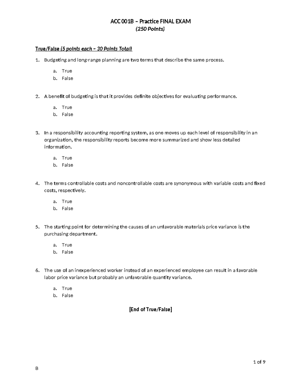 ACC 001B Practice Final Exam: Questions & Answers (250 Points Total ...