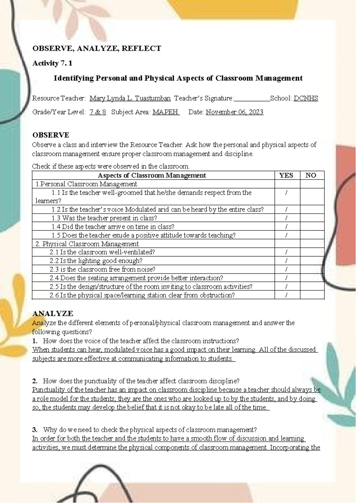 Episode 7 - Classroom Management Analysis and Reflections - Studocu