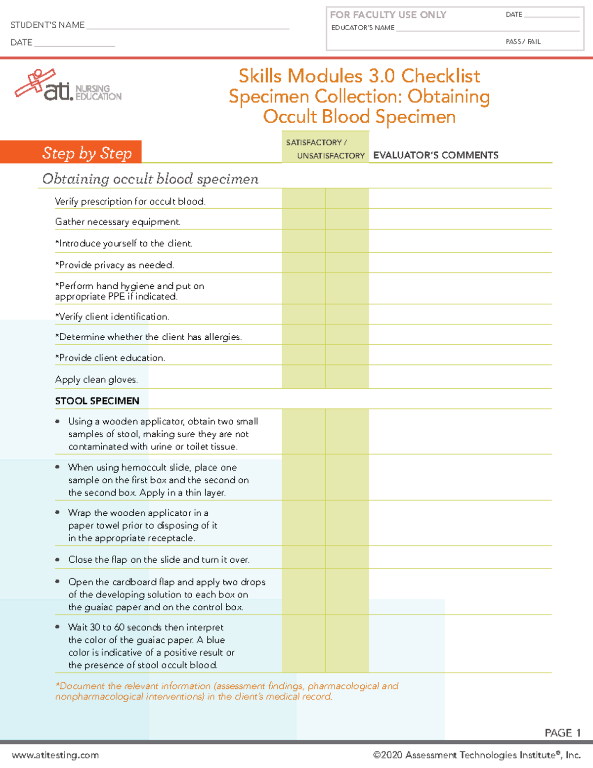 NURSING EDUCATION Skills Checklist for Occult Blood Specimen Collection ...