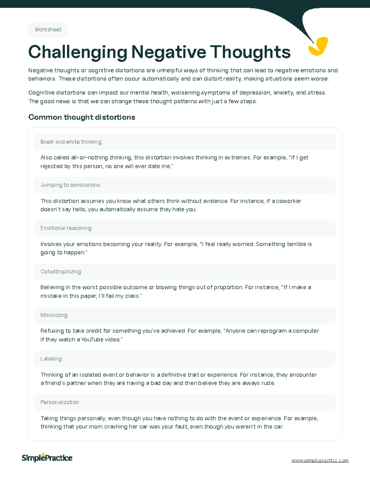 Simple Practice Worksheet: Challenging Negative Thoughts - Studocu